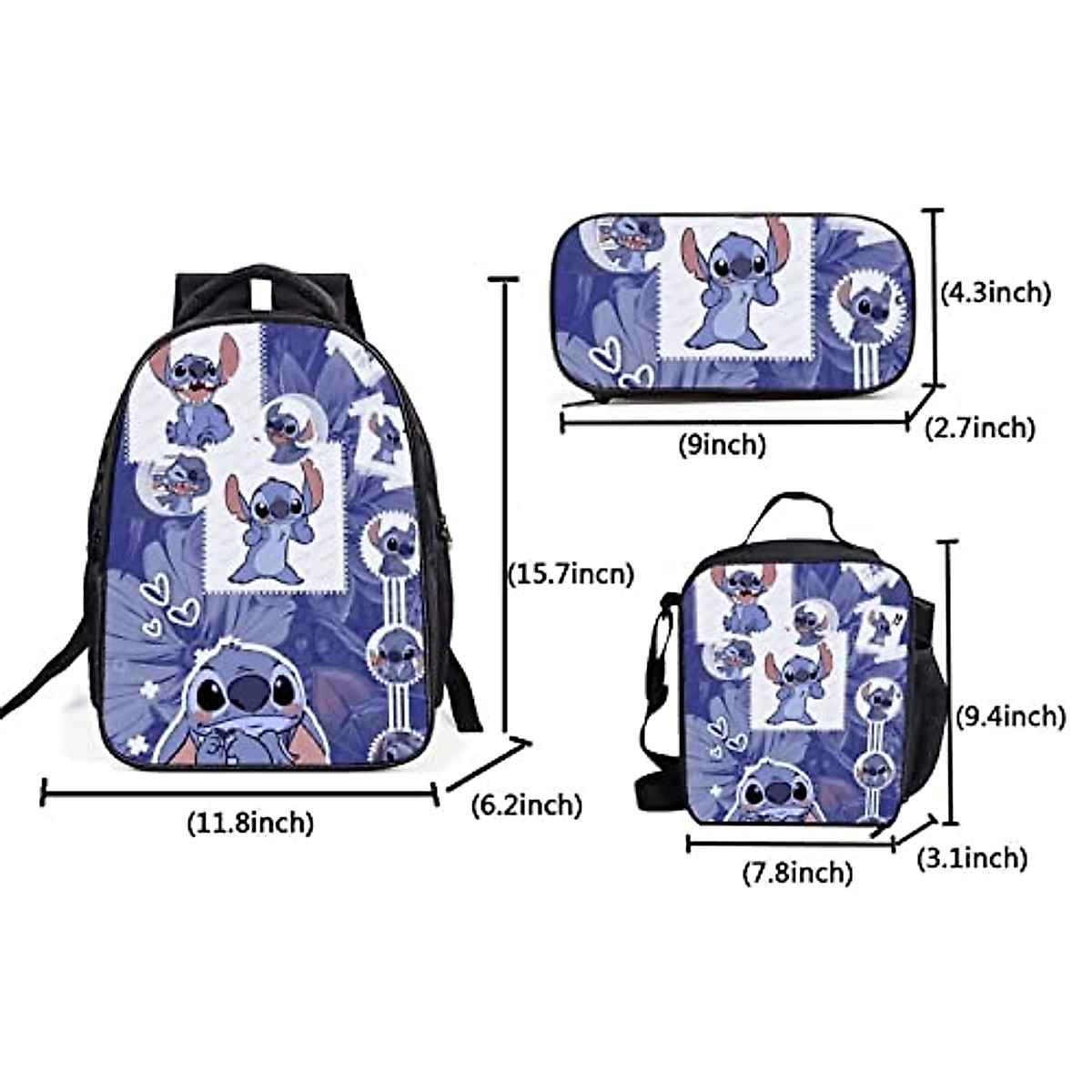 ERUABDB Backpack 3 Piece Set School Bag Bookbag with Lunch Box And Pencil Case Set for Boys Girls One size
