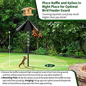 HQBRO 19 Inch 2 IN 1 Squirrel Baffle for Bird Feeder Pole Shepherd's Hook, Raccoons Buster Set with Spikes L 40", Bird House Guard for Outdoor Poles Mount & Hanging Cone,Rust Chew Proof Heavy Duty ABS