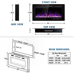 SUNNY FLAME Electric Fireplace 36 Inch Insert and Wall Mounted, Fireplace Heater, Log Set & Crystal Options, Remote Control with Timer, Adjustable Flame Color 750/1500W Heat