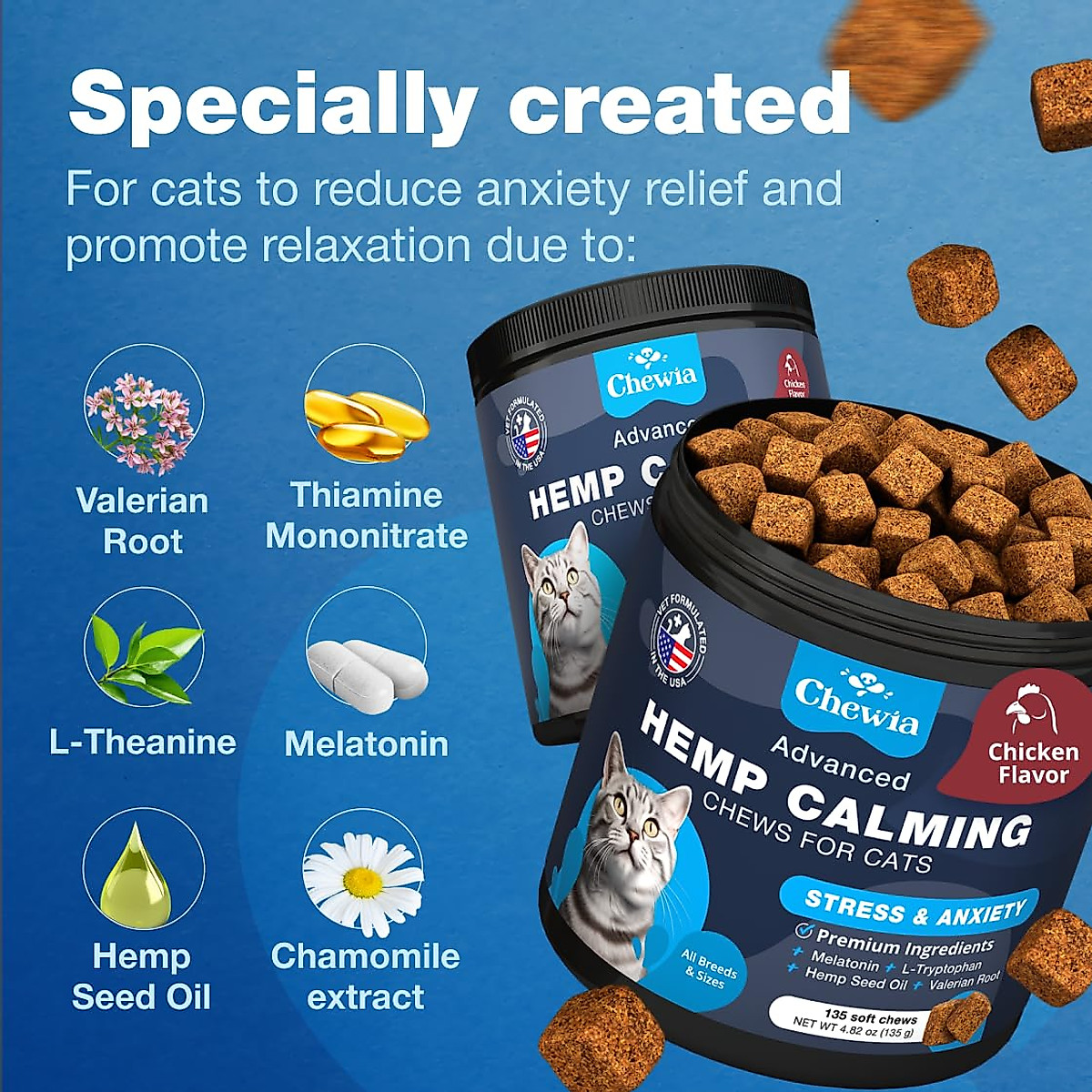 CHEWIA Cat Calming Treats - Hemp Calming Care for Cats - Cat Anxiety Relief - Cat Melatonin Soft Chews with Hemp Seed Oil, L-Tryptophan - Calming Chews for Cats - Storms, Travel, Grooming, Separation