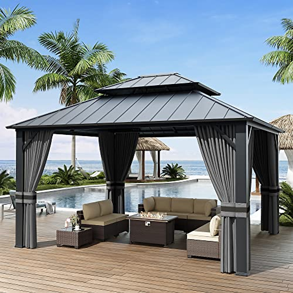 Delnavik 12X14FT Hardtop Gazebo Double Roof, Pergolas Aluminum Frame, Outdoor Metal Gazebos with Netting and Curtains for Patio, Backyard, Deck and Lawns, Grey