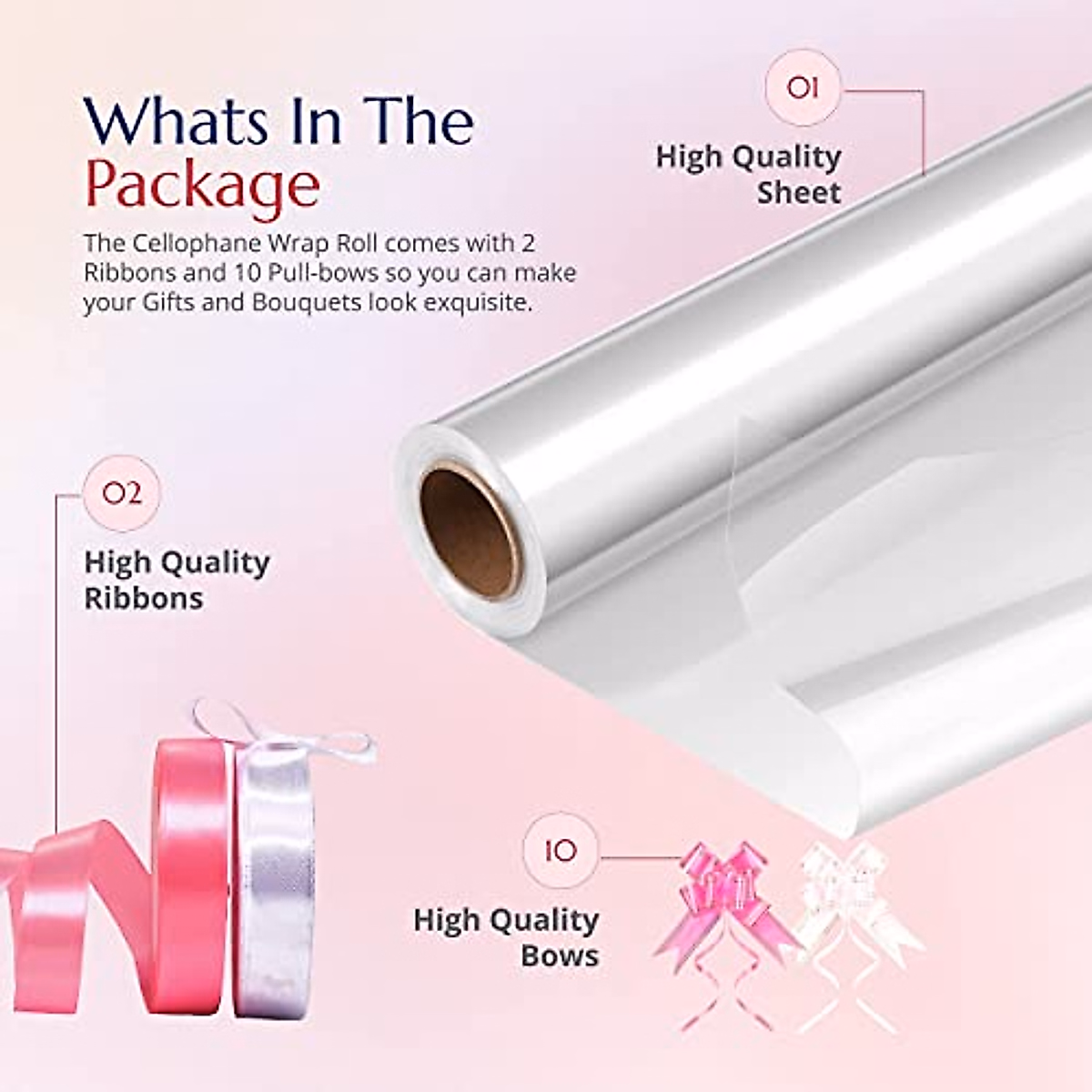 31.5 inch x 100 ft Clear Cellophane Wrap Roll for Gift Baskets with 10 Large Pull Bows and 2 Ribbons -Florist Cellophane Wrap Roll used for Christmas Crafts, Gifts, Flower Bouquet, Wicker Basket, Halloween Sweets