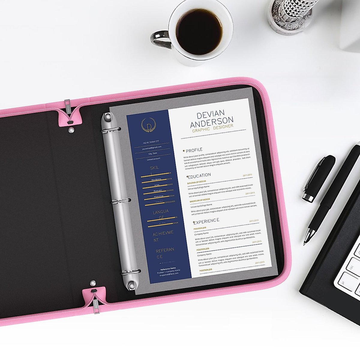 ZOOPIP Fireproof 3 Ring Binder with Zipper, 1.5 Inch D Rings Hold up 375 Sheets of 8.5" x 11" (A4), Compatible with Clear Page Protectors, Built-in Net and Pen Holder(Pink, 1 Pcs)