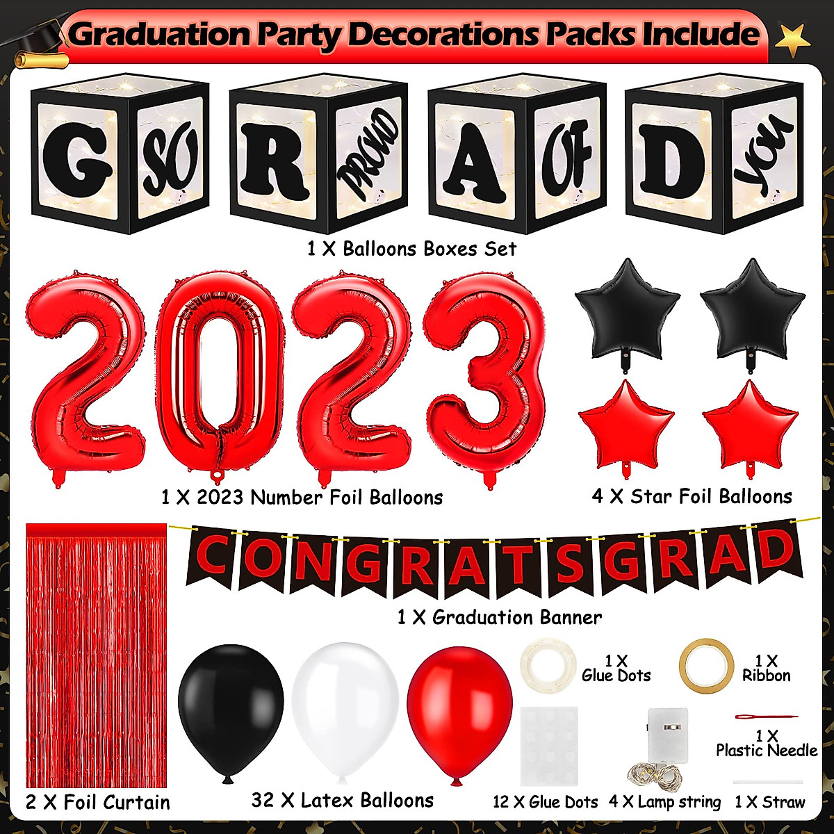 Graduation Party Decorations 2023, Black Red Graduation Decorations Class of 2023 with Boxes, Balloons, Banner, Large Congrats Grad Party Supplies, Grad Decorations for Senior High School College(Red)