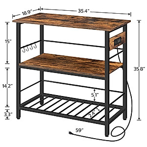 HOOBRO Kitchen Island with Storage, Kitchen Island Table with Power Outlet, 35.4" L 3 Tier Coffee Station and Microwave Stand, for Home, Kitchen and Dining Room, Rustic Brown and Black BF021ZD01