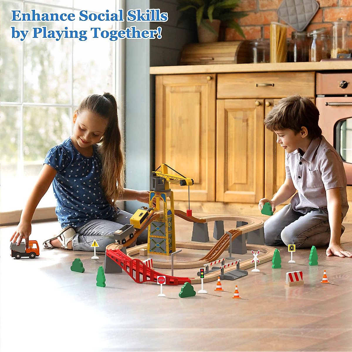 Giant bean 72PCS Tower Crane Wooden Train Set, Toy Battery Operated Train Track for Boys and Girls 3-7, Fit Thomas The Train, Brio, Melissa & Doug