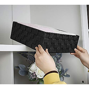 Woven Storage Box Cube Basket Drawer Organizer Divider Basket Box, Storage Tote Bins for Bathroom, Kitchen, Cabinet, Closet, Shelf, Dresser, Store Snacks, Cereal, Baking Supplies, Set of 4 (Black）
