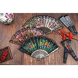 HUNANBANG 1 Dozen 12 Pieces Folding Hand Fans Church Wedding Gift, Party Favors, DIY Decoration Gift Size9 Wholesale 12pack (Flower)