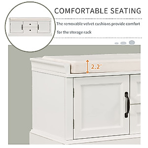 Shoe Bench Entryway with Storage, Entryway Bench with Removable Cushion, Solid Wood Storage Bench with 2 Drawers and 2 Cabinets for Living Room, Hallway, Closet, 42.5"L x 15.9"W x 17.5"H，White