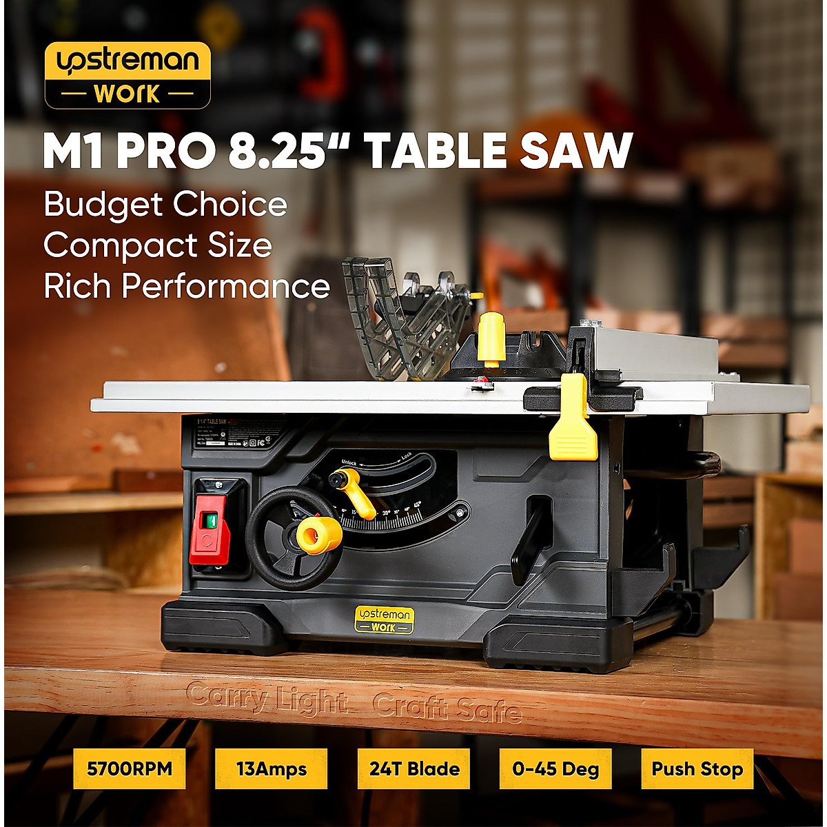 Upstreman Work M1 Pro Portable Table Saw, 13Amp Compact Tablesaw 5700RPM, 8.25" Table Saw w/24T Blade, Dust Collector, Onboard Carrying Handle Easy to Carry, Adjustable Cut Depth and Angle, for DIY
