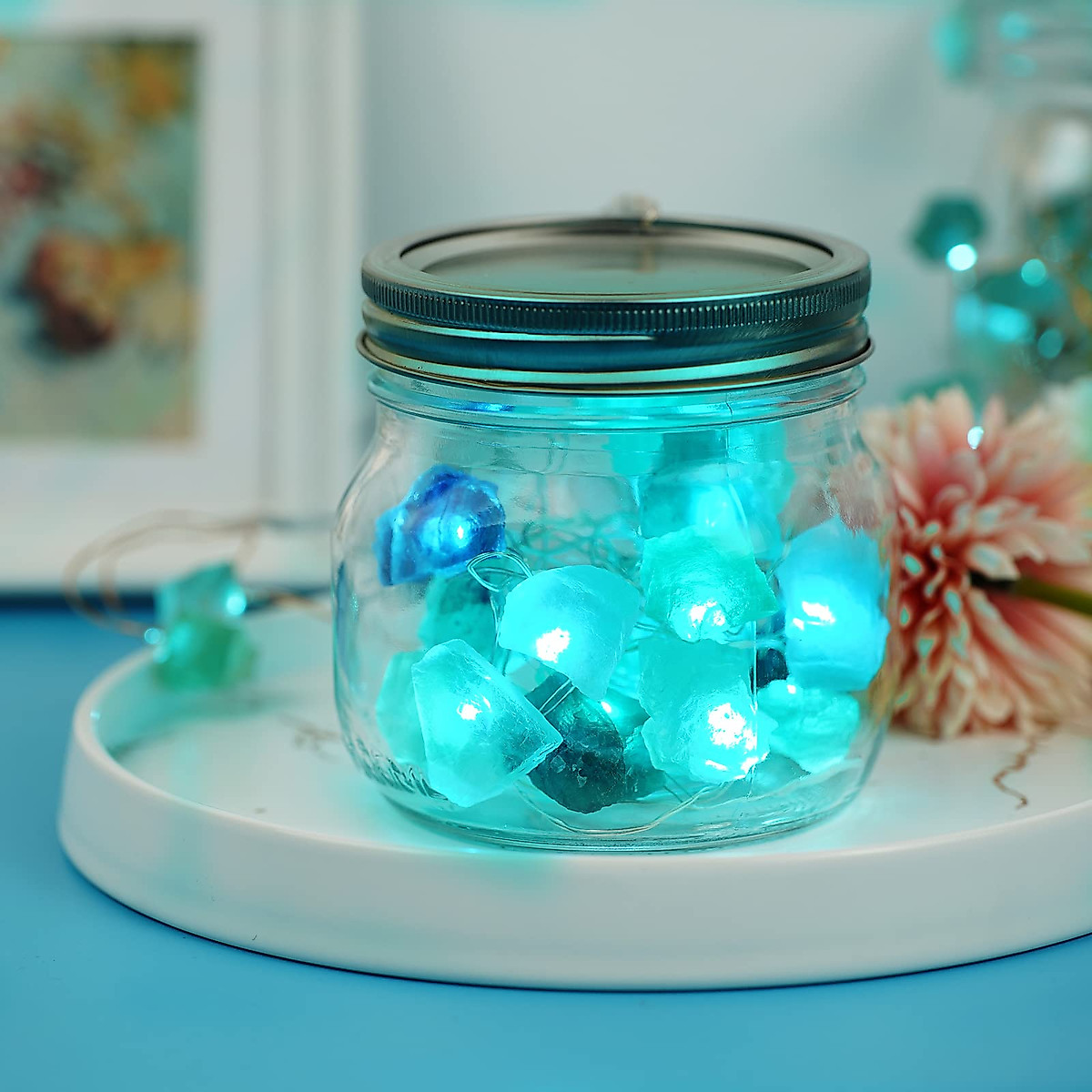 BOHON Natural Fluorite String Lights Battery Operated with Remote Sea Glass Raw Stones Decorative Lights 6.5ft 20 LEDs String Lights for Bedroom Party Indoor Christmas Wedding Decor