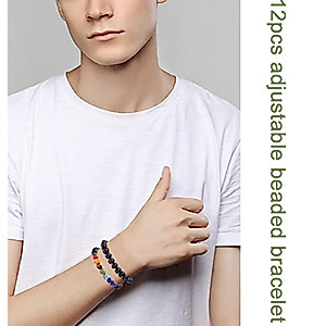 FINZOR 12Pcs 8mm Healing Stone Beads Bracelets for Women Men Semi-precious Gemstone Crystal Beaded Bracelets Lava Rock Tiger Eye Amethyst Chakra Bracelets Unisex Adjustable