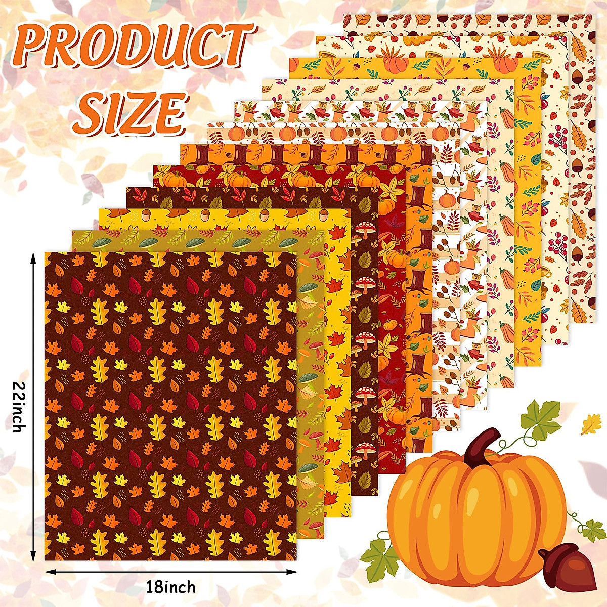JarThenaAMCS 12Pcs Fall Cotton Fabric Bundles Pumpkin Maple Leaf Mushroom Acorn Fat Quarters Autumn Thanksgiving Quilting Patchwork for DIY Craft Home Party Decor, 18 x 22 Inch