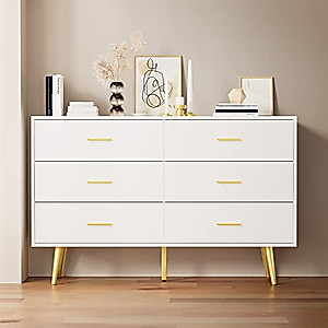 RESOM Dresser for Bedroom, 6 Drawer Double Dresser with Metal Handles, Modern Design, White and Gold Dresser for Closet Hallway,Bedroom (White)
