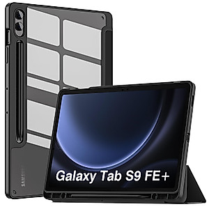 MoKo Case Fits Samsung Galaxy Tab S9 FE Plus 12.4-Inch 2023 (SM-X610/SM-X616), Lightweight Tablet Trifold Cover Case Transparent TPU + PC Back Shell with Pen Holder Slot/Auto-Wake, Black