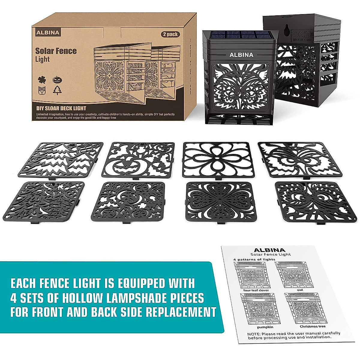 ALBINA Solar Deck Lights | Solar Fence Lights Outdoor Waterproof LED Garden Decorative Lights for Railing, Post, Step, Frontdoor | Auto ON/Off Outdoor Solar Lights with Christmas Tree Lamps, 4 Pack