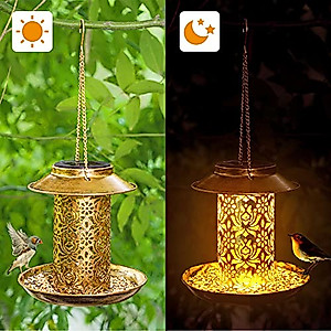 Enhon 2 Pack Solar Bird Feeder for Outdoors Hanging, Metal Wild Bird Feeder for Cardinals, Weather Resistance Solar Backyard Garden Lantern Light Decoration with S Hook as Gift Ideas for Bird Lovers