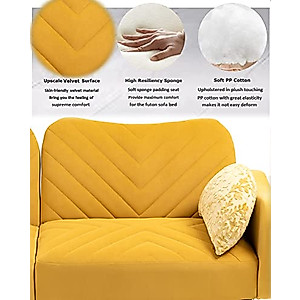 65" Velvet Futon Sofa Bed with 2 Pillows, Modern Accent Sofa Comfy Upholstered Sofa Loveseat Sleeper Bed Couch 2 Seater Folding Sofa for Small Space (Mustard)