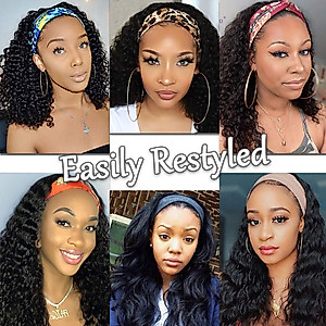 YISEA Headband Wig Human Hair Curly Wigs with Headband for Black Women 12 Inch Deep Wave Machine Made None Lace Front Wig 150% Density Brazilian Virgin Short Bob Wigs