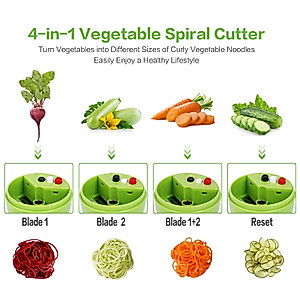 Handheld Spiralizer Vegetable Slicer, 4 in 1 Heavy Duty Veggie Spiral Cutter - Zoodle Pasta Spaghetti Maker