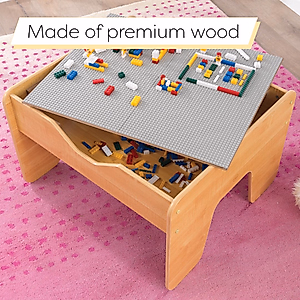 KidKraft Reversible Wooden Activity Table with Board with 195 Building Bricks – Gray & Natural, Gift for Ages 3+