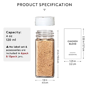 Laramaid 4oz 48Pack Glass Jars with 304 Minimalist White Premium Spice Labels, White Plastic Shaker Lid Dispenser, Black Chalk Marker, Cleaning Brush and Collapsible Silicone Funnel