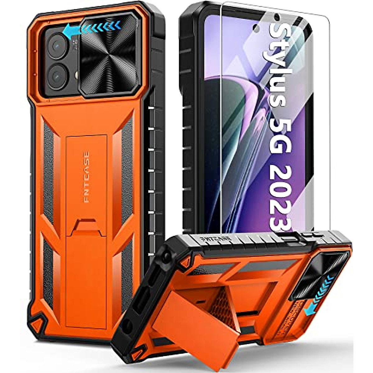 FNTCASE for Moto G Stylus-5G-2023 Case: Military Grade Drop Protection Cell Phone Cover with Kickstand & Slide | Rugged Shockproof Protective Bumper Textured | Heavy Duty Protector(Orange)