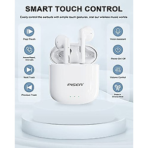 PISEN Wireless Earbuds, Bluetooth Earbuds with Microphone Noise Cancelling, 20H Playtime Wireless Earphones with Charging Case Waterproof Stereo Earphones Headset for Sports White