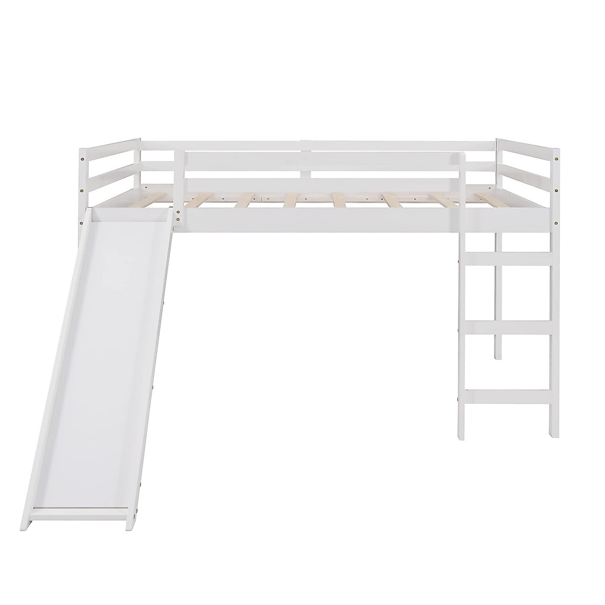 Full Loft Beds with Slide, Low Loft Bed Frame with Ladders Modern Fun Junior Loft Bed for Kids Boys Girls, White