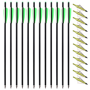 TOPARCHERY 12pcs 20inch Carbon Crossbow Arrows Crossbow Bolts with 4inch Vanes and 12pcs 3 Blades Archery Broadheads 100 Grain Screw-in Arrow Heads Arrow Tips (Arrows with Green Tips)