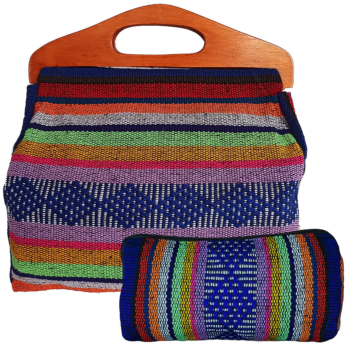 MEXICANDOO Set of Authentic Mexican Handcrafted Woven Handbag with Wooden Handles and Matching Clutch Bag for Women or Girls. Casual Purse, Bohemian, Boho, Sarape, Baja, Aztec, Summer, Beach (Blue)