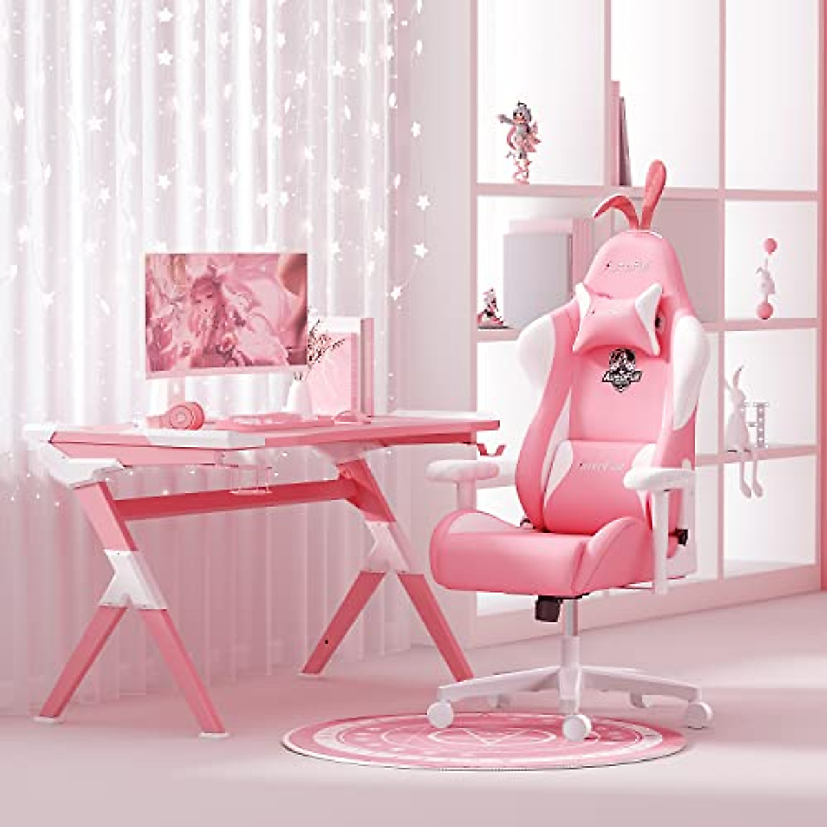 AutoFull C2 Pink Bunny Gaming Chair Cute Kawaii Gamer Chair for Girl Ergonomic Computer Gaming Chair with Lumbar Support PU Leather High Back Racing Gaming Chairs