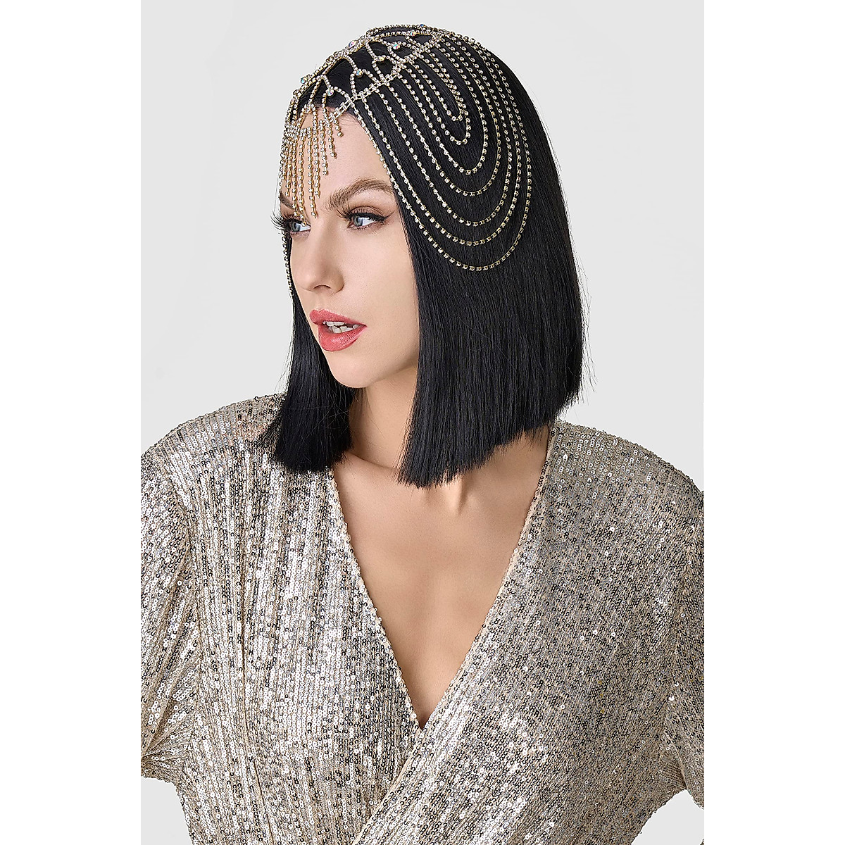 BABEYOND Vintage Style Roaring 20s Crystal Rhinestone Flapper Cap Headpiece Head Jewelry Chains (Gold)