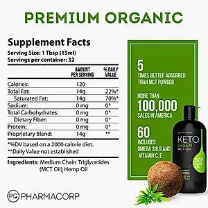 100% Organic MCT Oil for Vegan - Derived only from Non-GMO Hawaiian Coconuts - Includes Omega 3,6,9 and Vitamic C, E (3-in-1) - US Made - Great in Keto Salad Dressings