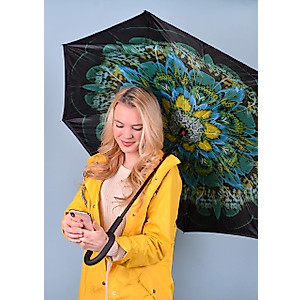 Parquet Peacock Double Layer Inverted Umbrellas - C Shaped Handle Reverse Folding Windproof Umbrella for Men and Women