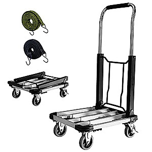 Foldable Platform Cart, Heavy Duty Aluminum Metal Hand Truck Folding Push Carts for Luggage Moving Transportation, 4 Rubber Wheels, 330LB Load Capacity, Come with Bungee Cord