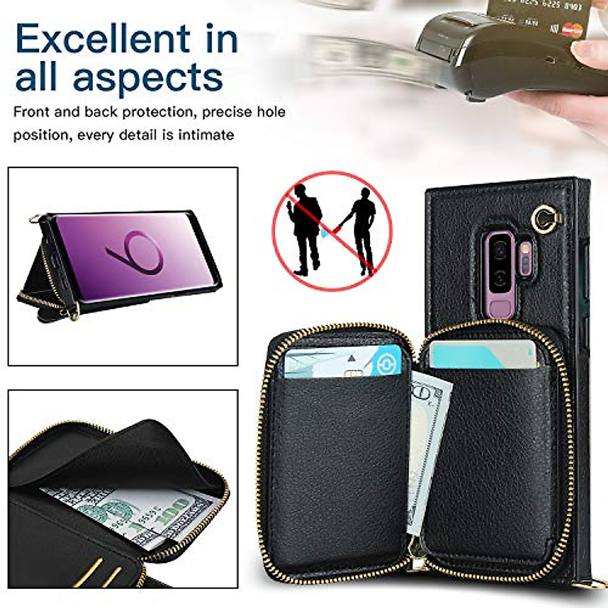 DEFBSC Crossbody Zipper Wallet Samsung Galaxy S9 Plus Case, PU Square Case with Chain Credit Card Holder Slot Shoulder Handbag Purse Wrist Strap Case for Samsung S9 Plus 6.2 Inch(Black)