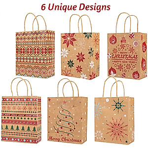 24 Christmas Kraft Gift bags 7.25 x 9 x 3.5 with 24 Tissue Papers for Xmas Exchange, Party Favors Paper Goodie Bags