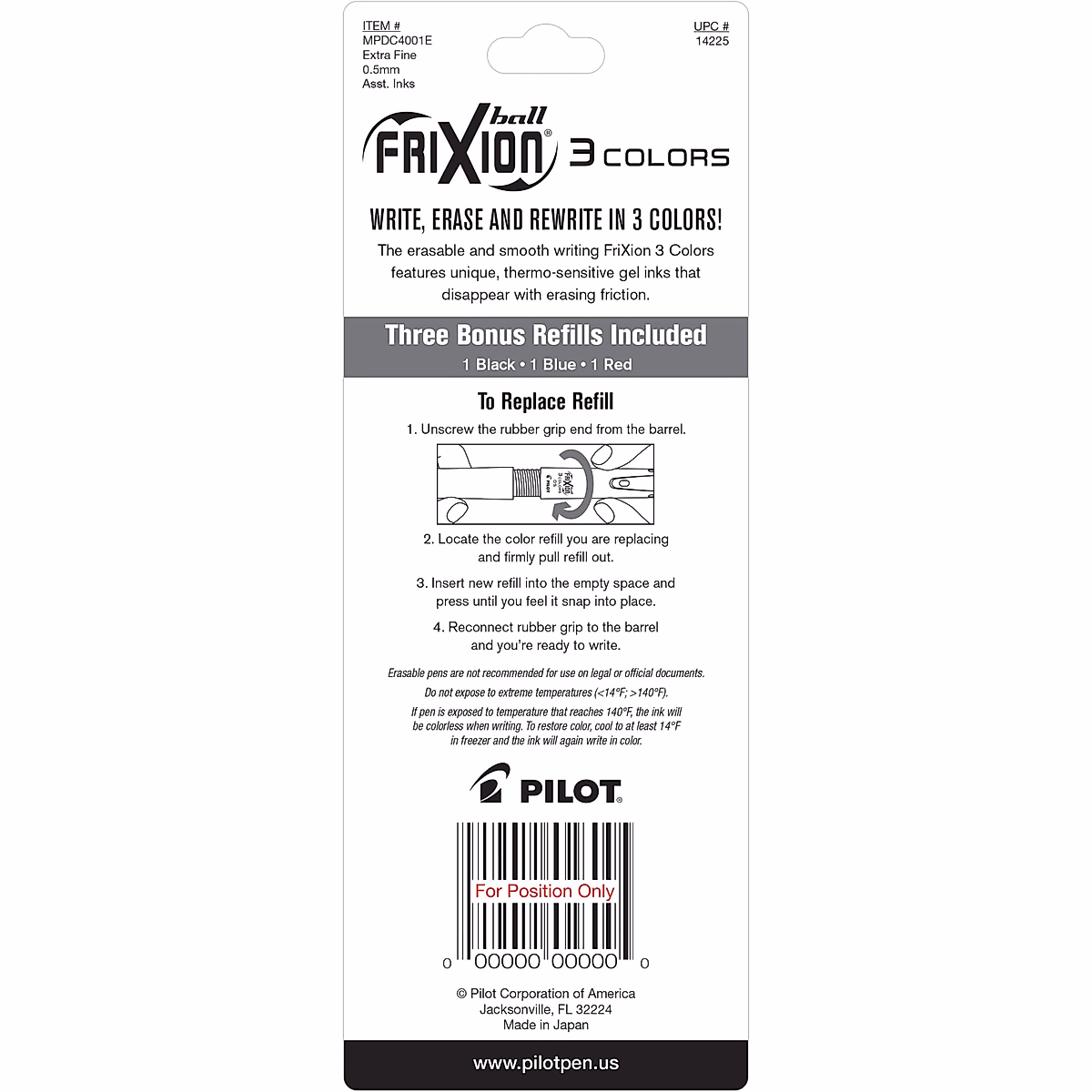 PILOT FriXion Ball 3 Erasable Gel Ink Pen, Extra Fine Point (0.5mm), Black/Blue/Red Ink, Single Pen Plus 3 Refills (14225)