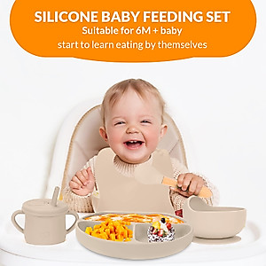 Silicone Baby Feeding Set - REIKTLUD Baby Led Weaning Supplies - Silicone Suction Bowls Divided Plates, Sippy and Snack Cup - Toddler Self Feeding Eating Utensils Set Bib, Spoons, Fork (Grayish-white)
