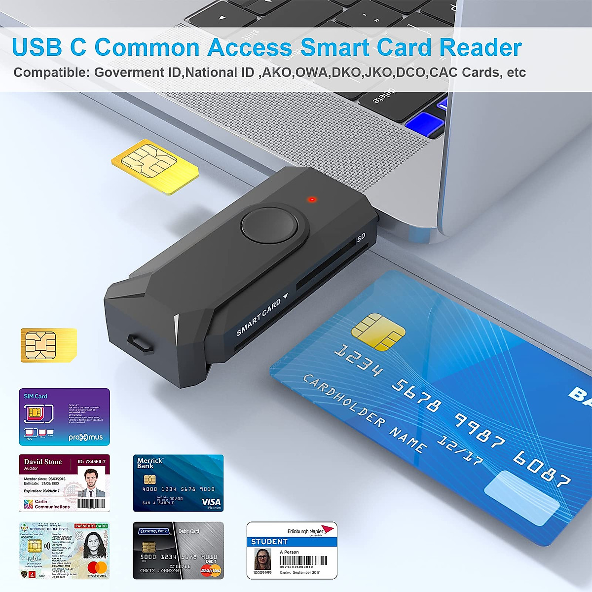 USB C Smart Card Reader, CAC/DOD Military Multi Memory Card Reader Supports SD/Micro SD/SDHC/SDXC/MMC/TF and SIM Adapter/Writer, Compatible with Windows, Mac OS, Linux, Android