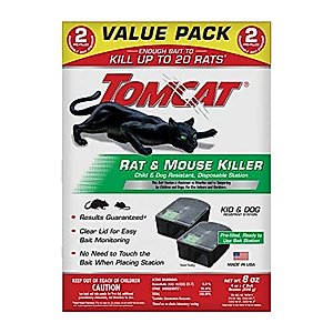 Tomcat Rat and Mouse Killer Disposable Stations for Indoor/Outdoor Use: Child and Dog Resistant, Pre-Filled, Easy Monitoring, 2-Pack