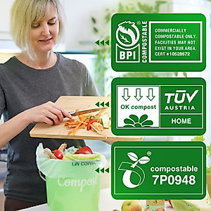 Lucky Family Green Compost Bags for Kitchen Countertop Bin -1.3 gallon trash bags to 1.6 Gallon trash bags - 100% Compostable Trash Bags for Food Waste, Organic Biodegradable Bags