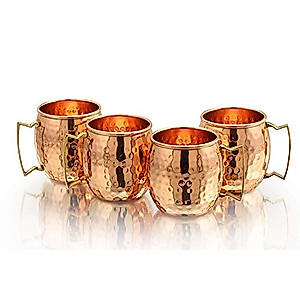 (Gift Set) Pure Copper Hammered Mugs with Copper Straws & Wooden Coasters Set of 4 - PREMIUM QUALITY -16 Oz Copper Cups - 100% Handcrafted - A Gift Pack for your loved Ones