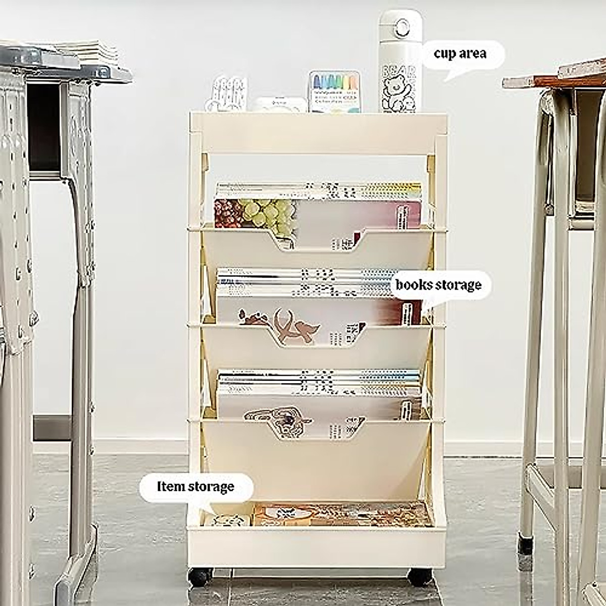 Rolling Book Shelf Organizer Mobile Book Shelf Cart 6 Tier Movable Bookshelf Cart Desk Side Cart for Office Dorm Classroom,Pink,5 Tier