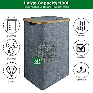 ZHSX Laundry Hamper/Basket with Lid, 100L Large Laundry Hamper/Basket/Bin with Bamboo Handle, Foldable Clothes Basket Organizer with Two Removable Inner Bags, Odor-Resistant and Waterproof(Grey)