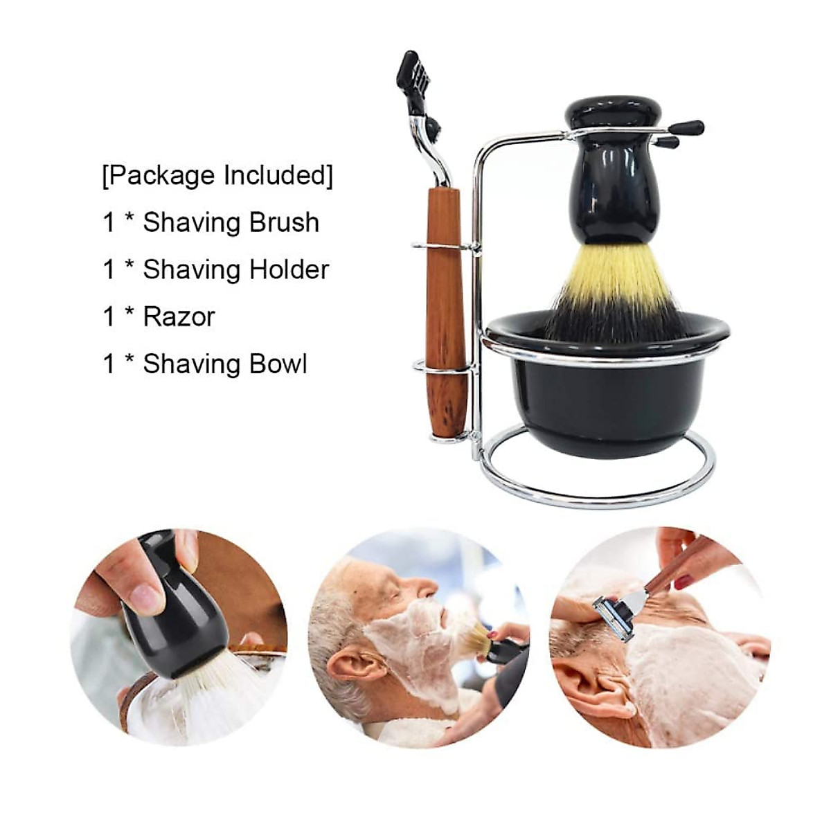 4Pcs Shaving Kit, Mens Shaving Brush Set for Men Gift, Includes Manual Razor + Stainess Steel Stand Holder + Shaving Brush+ Shaving Bowl, Great Gift Options for Your Man, Husband, Father or Brother