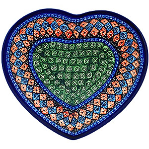 Polish Pottery 10¾-inch Heart Shaped Platter (Harlequin Theme) Signature UNIKAT + Certificate of Authenticity