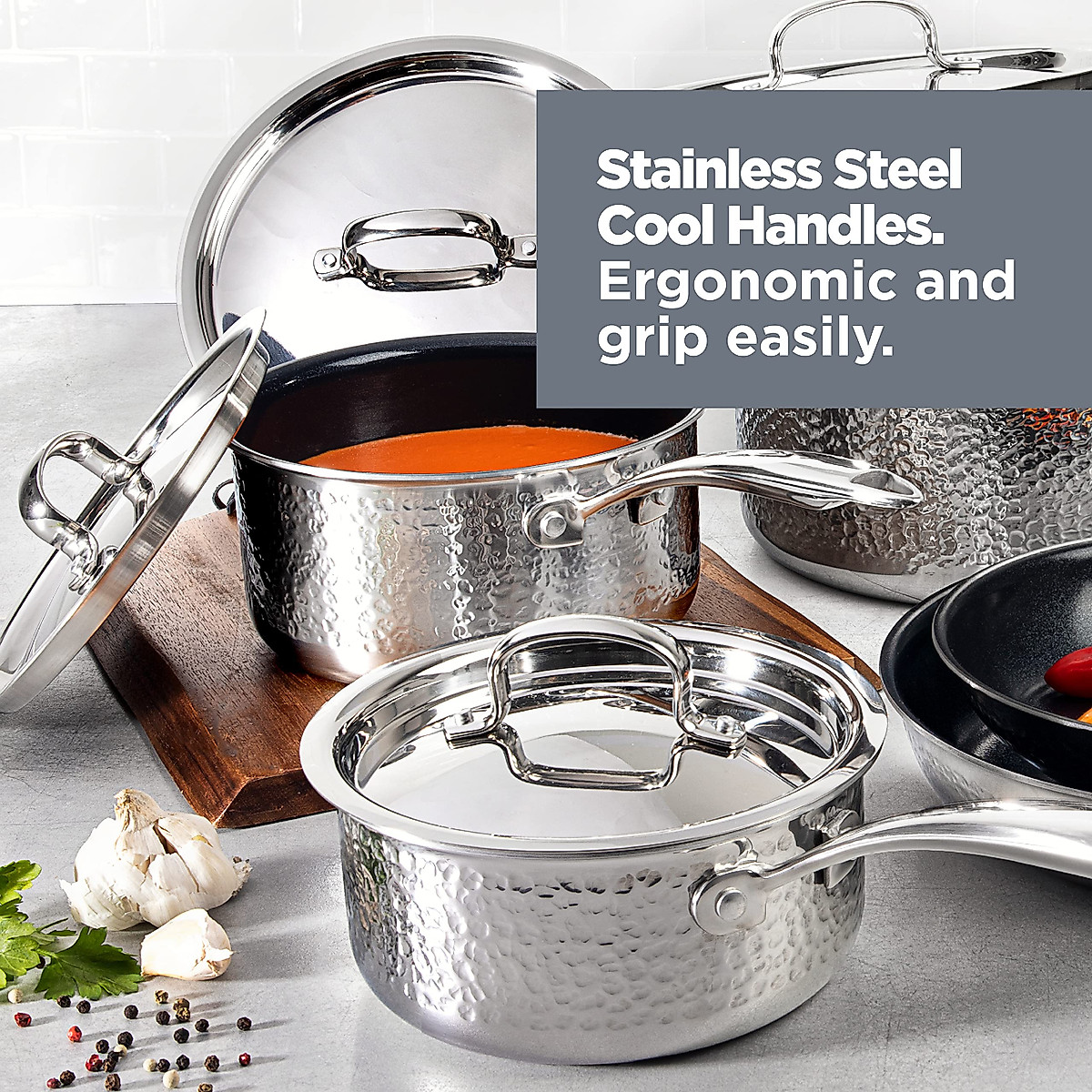 Granitestone Stainless Steel Pots and Pans Set Nonstick, 10 Pc Ceramic Kitchen Cookware Set, Induction Capable, Long Lasting Nonstick, Hammered Design, Cool Handles, Dishwasher Safe, 100% Toxin Free