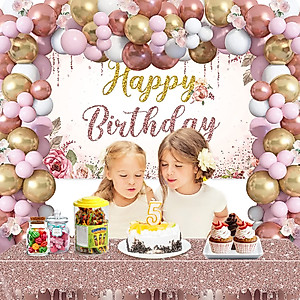 Floral Happy Birthday Decorations Women, 131PCS Rose Gold Flower Birthday Party Supplies Including Happy Birthday Backdrop, Balloon Arch/Garland Kit, Birthday Tabblecloth for Girls